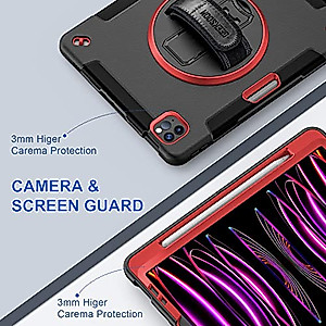 GEEKSDOM iPad Pro 12.9 Case 6th Generation 2022: Military Grade Heavy Duty Shockproof Cover for iPad Pro 12.9 Inch 2021 5th Gen-Pencil Holder-Rotating Stand-Hand/Shoulder Strap-Red