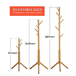 BMOSU Coat Rack freestanding Stand Bamboo Wooden Coat Tree 8 Hooks 3 Adjustable Standing Jackets Hanger Hallway Corner Parlor(Nature)