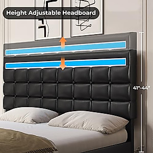 BTHFST King Size Bed Frame with LED Lights,PU Leather Bed with Storage Drawers & Adjustable Headboard,Platform Bed with Power Outlets,Noise-Free,Black