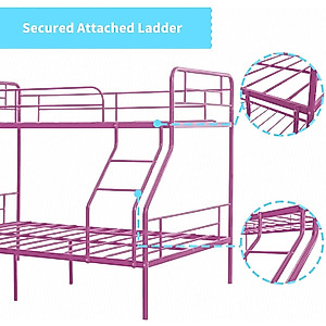 Bunk Bed Twin Over Full, Bunk Beds Twin Over Full with Metal Guardrail and Ladder, Space-Saving, Heavy Duty Queen Bunk Bed for Boys, Girls, Teens, Adult,No Box Spring Needed (Pink)