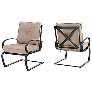 MFSTUDIO 7PCS Outdoor Patio Dining Table Set, 6 Spring Motion Chairs, 1 Rectangular Table Woodlike Top with 1.57" Umbrella Hole, Lawn Backyard Garden Furniture Sets, Beige