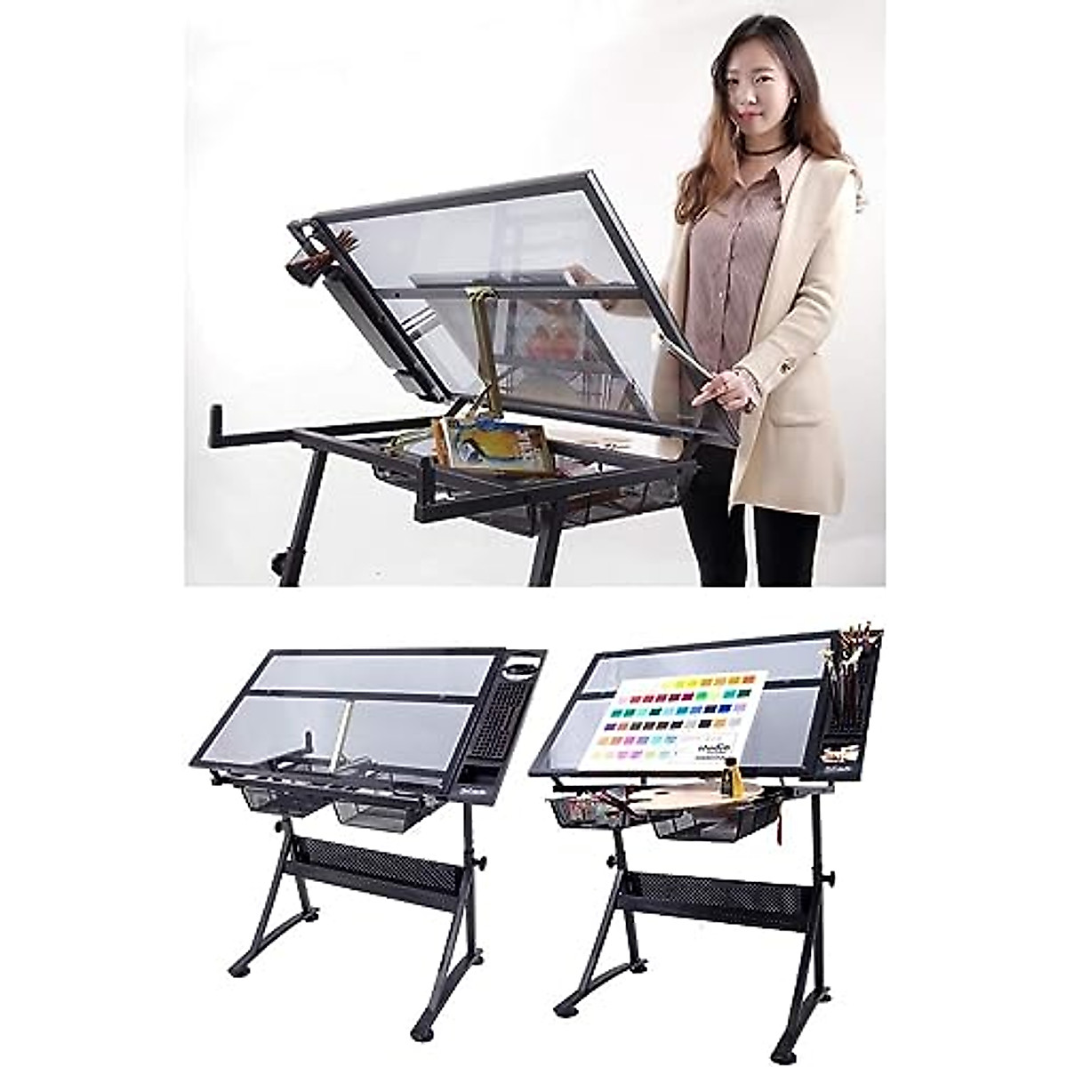 XiVue Drafting Table with Storage, Height Adjustable Tiltable Art Desk, Glass Panel Drawing Desk, for Work Study Painting Craft Table