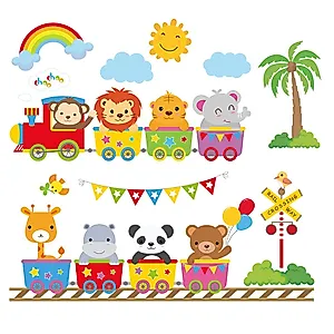 decalmile Animal Train Wall Decals Jungle Themed Wall Stickers Baby Nursery Kids Bedroom Wall Decor