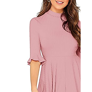 Verdusa Women's Elegant Ribbed Knit Bell Sleeve Fit and Flare Midi Dress Pink L