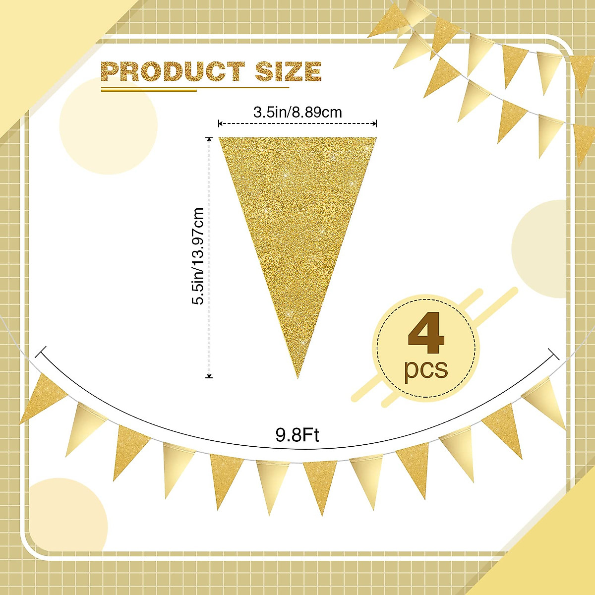 39 Ft Double Sided Glitter Metallic Paper Triangle Flag Pennant Bunting Banner for Wedding Birthday Holiday Festivals Anniversary Bridal Shower Hen Party Theme Party Decorations Supplies(Gold)