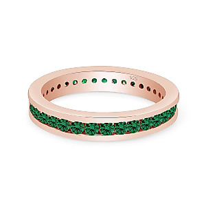 AFFY Round Shape Simulated Green Emerald Full Eternity Band Ring in 14K Rose Gold Over Sterling Silver, Ring Size: 7.5