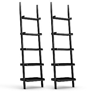 Tangkula Ladder Shelf, 5-Tier Multifunctional Modern Wood Plant Flower Book Display Shelf, Home Office Storage Rack Leaning Ladder Wall Shelf (Black, 2)