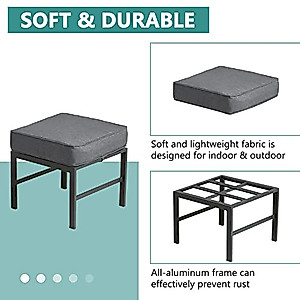 Auzfy 2 Pieces Outdoor Ottomans for Patio Set, Assembled Aluminum Outdoor Footstool with Gray Cushions, Small Seat Furniture for Porch Yard Garden Deck, Grey Frame