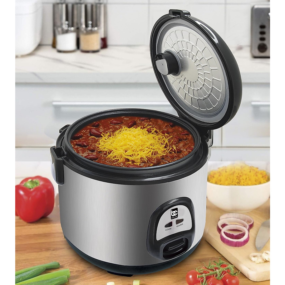 Bene Casa 7 cup stainless-steel thermo rice cooker, stainless steel and black design, cool touch rice cooker, simple operation, dishwasher safe.