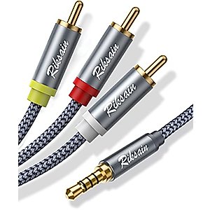 RIKSOIN 3.5mm to 3 RCA Audio Video Cable, 6.6FT/2M 3.5mm to 3-Male RCA Adapter Stereo AUX Cord AV Cable for MP3, Camcorders, Tablet, Speaker, Home Theater, DVD Player & More (Grey)