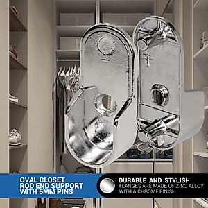 Rok Hardware Chrome 1-3/16" (30 mm) x 19/32" (15mm) Oval Closet Rod End Support with 3/16" (5mm) Pins 30X15X5MMCH (2 Pack)