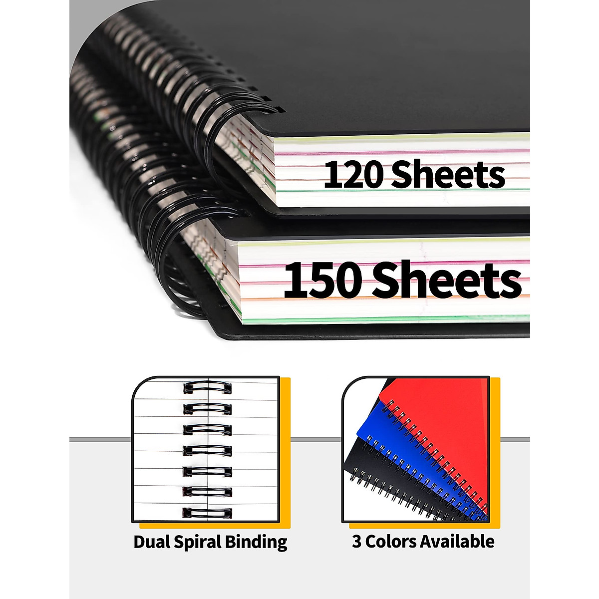 SUNEE 5 Subject Notebook College Ruled - 240 Pages, 6.2"x8.5", 5 Pocket Colored Dividers, 3-Hole Punched Paper, Black
