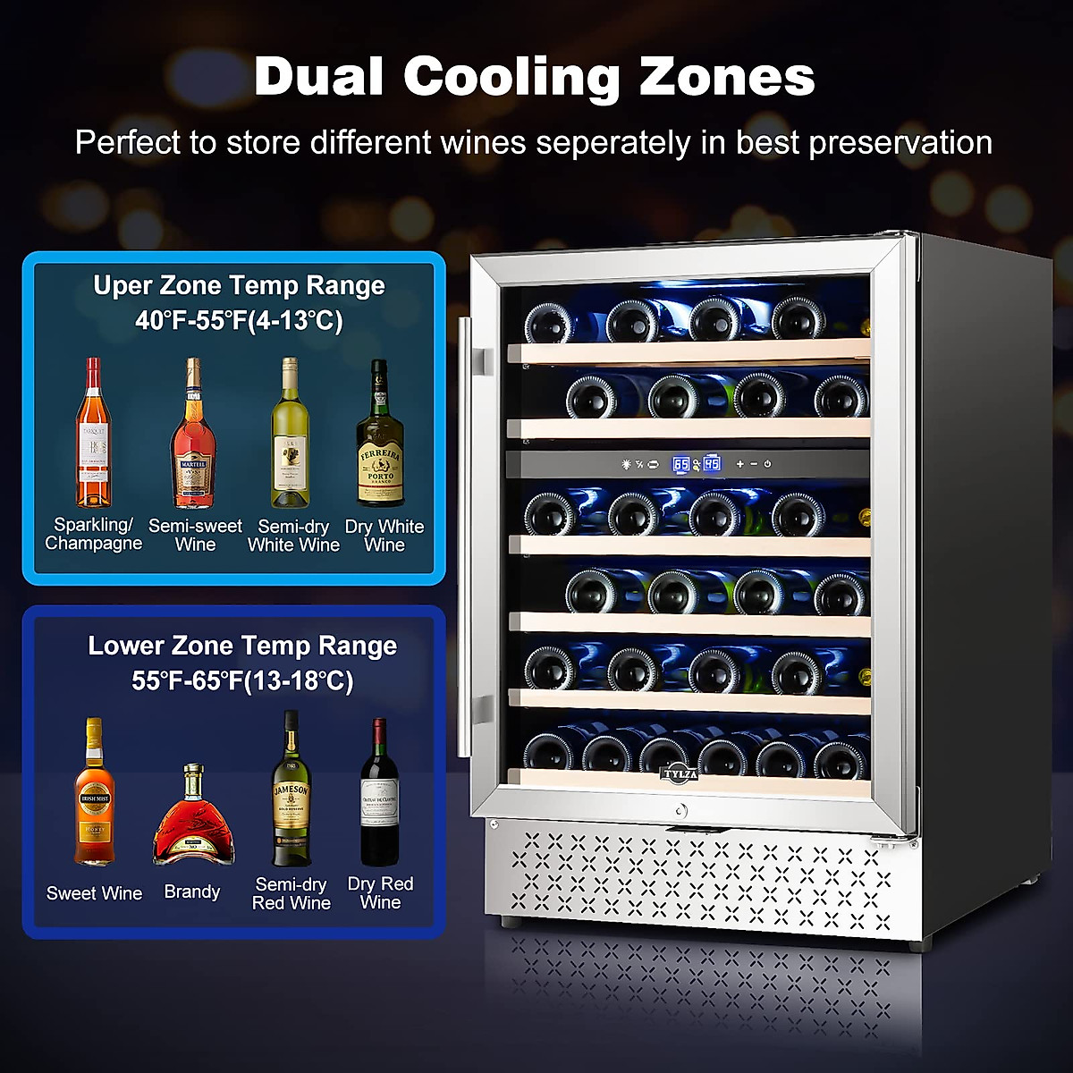 Tylza 24 Inch Wine Cooler Refrigerator 46 Bottle Dual Zone Built-in or Freestanding 24'' Wine Fridge with Stainless Steel & Professional Compressor and Temperature Memory Function