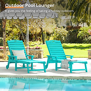 LUE BONA Chaise Lounge Chair with Table, 2-Piece, HDPS Material, 3-Year Warranty, Patio Lounge Chairs with Adjustable Backrest, Resin Pool Lounge Chairs with Wheels for Outside, Aruba Blue
