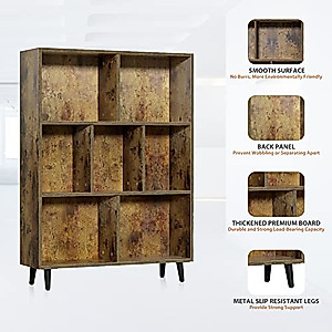 LAR-ME 3-Tier Bookshelf, Mid Century Bookshelf 7 Cube Storage Organizer Bookcase with Legs for Bedroom, Living Room, Office (Retro Brown)