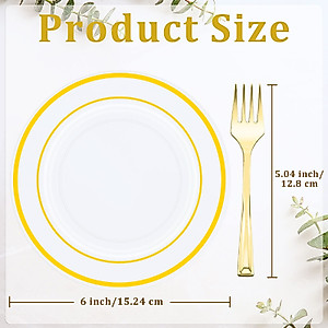 Eccliy 200 Pieces Gold Plastic Dessert Plate Sets 100 Clear Disposable Cake Plate 6 Inch and 100 Fork 5 Inch Gold Rim Round Salad Appetizer Plate Folk Set for Buffet Hotel Birthday Wedding Party