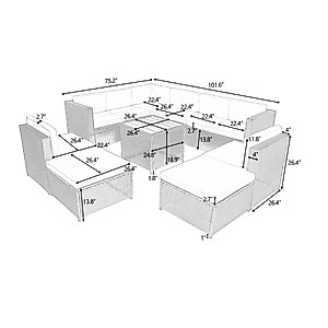 9-Piece Patio Furniture Outdoor Sectional Sofa Set Modern Contemporary Rattan Steel Weathered Coffee Table Cushion Included