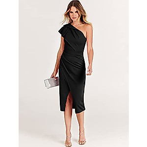 ANRABESS Women's One Shoulder Cocktail Evening Night Party Midi Dress Sleeveless Ruffle Wrap Ruched Bodycon Formal Wedding Guest Dresses for Graduation Prom 847heise-M Black