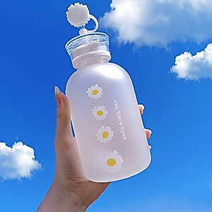 Cute Water Bottles Kawaii Aesthetic Water Bottles Milk Juice Daisy Glass Water Cup for Girls, Straw and 2 Lids, 16 oz (Four flower)