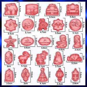 24 Pcs 3D Plastic Eid Mubarak Cookie Cutter Set Plunger Stamp Islamic Muslim Cookie Cutters Pink Baking Ramadan Gift Mosque Lantern Moon Embossed Fondant Mold Islamic Star Camel Biscuit Cutters