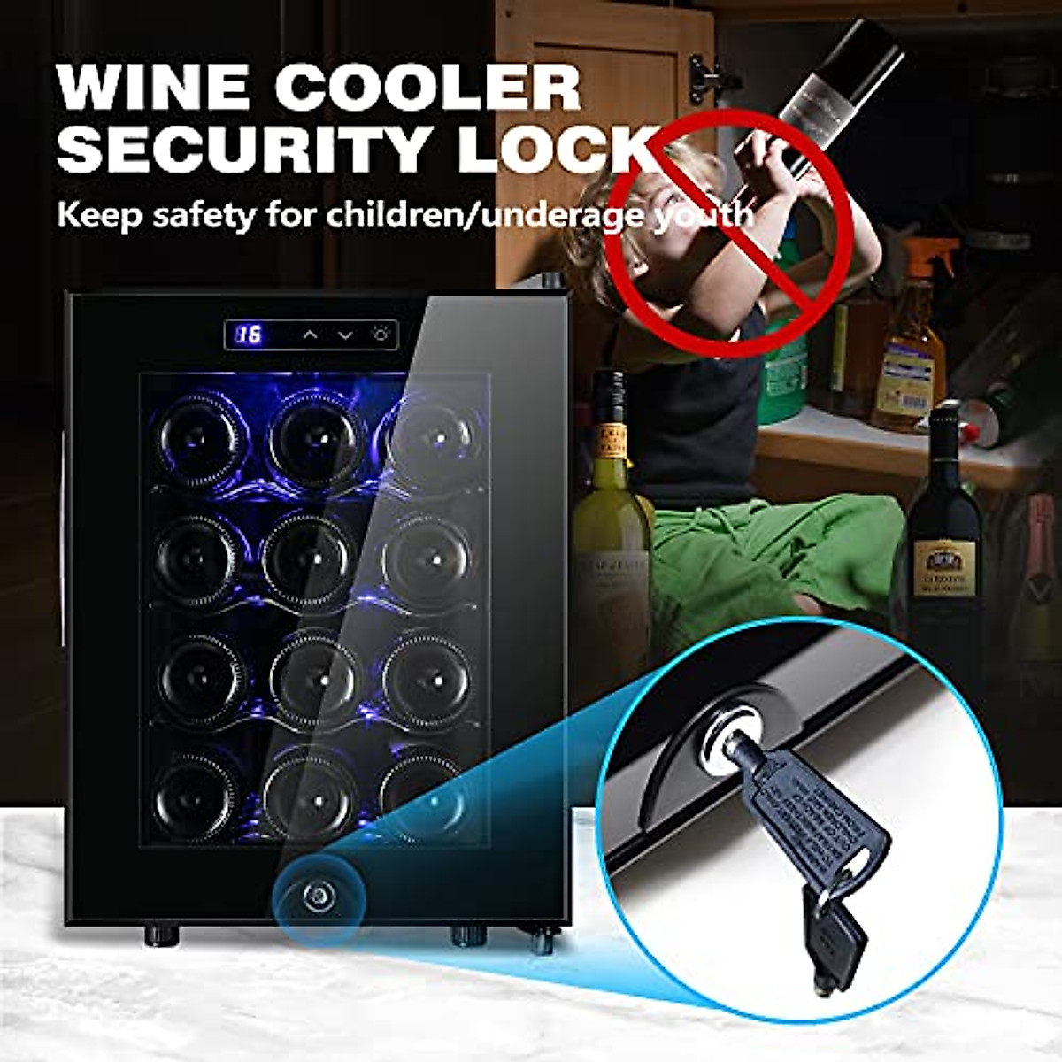 Miladred 12 Bottle Wine Cooler Refrigerator,Wine Fridge Freestanding with Lock & Digital Temperature Control Fridge Glass Door,Mini Wine Cabinet for Red, White, Champagne or Sparkling