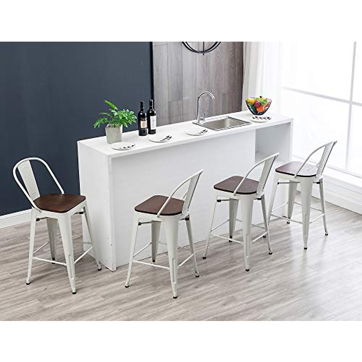 HAOBO Home Metal Bar Stools Modern Industrial Counter Height Stools Dining Chairs (24", High Back White Wooden Seat)[Set of 4]