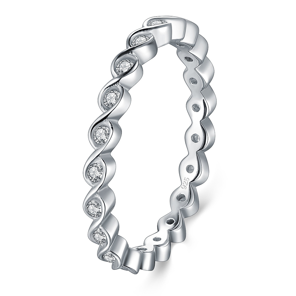 2MM 925 Sterling Silver Ring, Boruo Cubic Zirconia CZ Wedding Band Stackable Ring Size 8