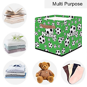 Sport Football Soccer Customs Cube Storage Bins with Name, Soccer Ball Personalized Storage Baskets for Organizing Toys, Shelves, Closet, Fabric Storage Boxes with Handles