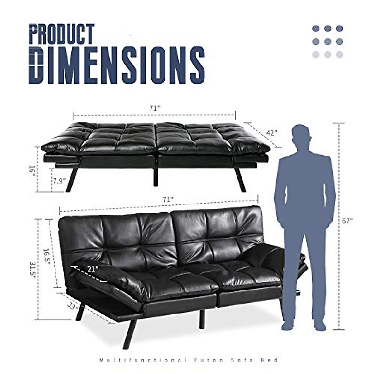 IULULU Futon Sofa Bed Faux Leather Couch with Adjustable Armrests, Modern Industrial Sleeper Daybed for Small Spaces, Living Room, Compact Apartment, Office, House, Condo, Loft, Bungalow, Black