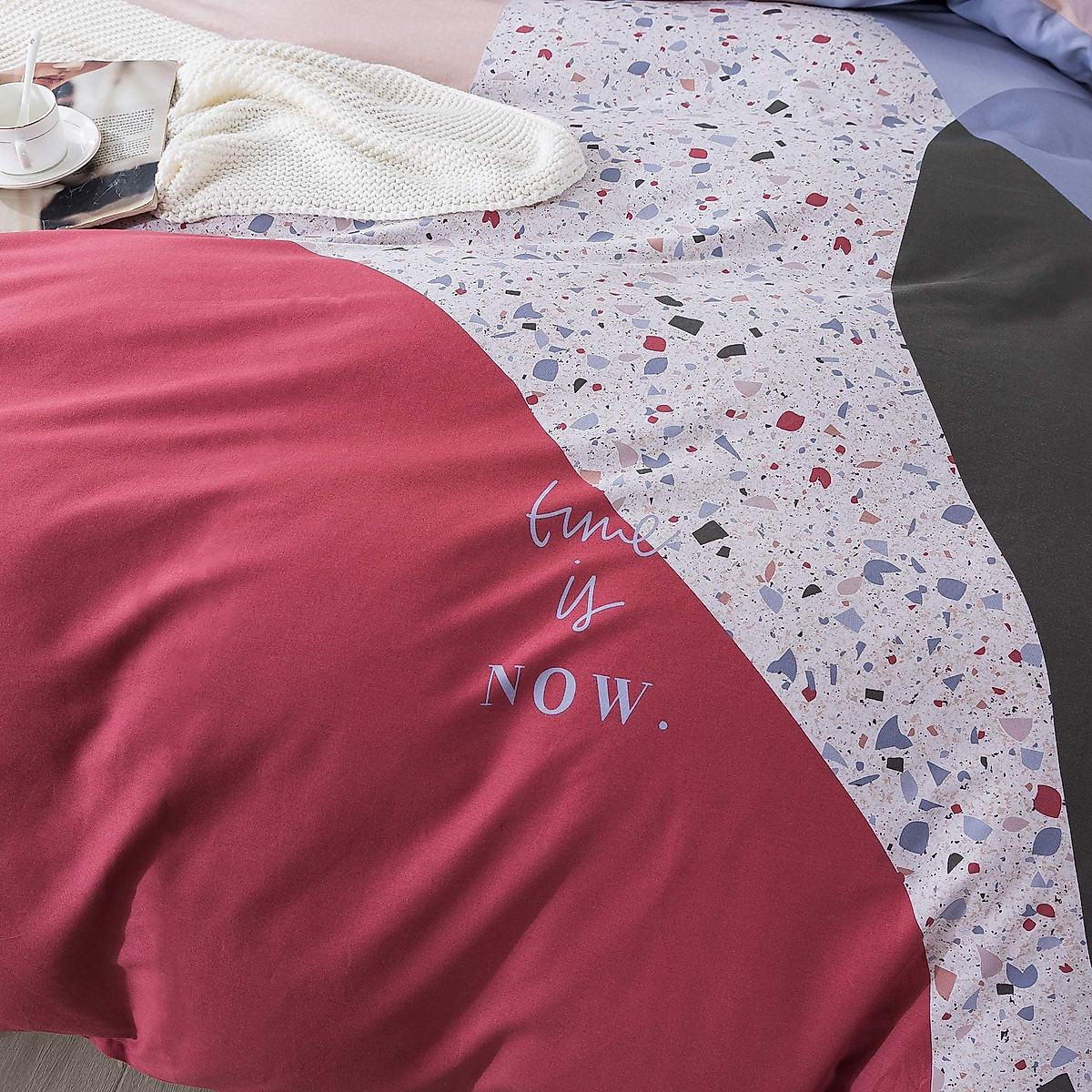 FADFAY Cotton Duvet Cover Set Queen Geometric Bedding Dark Red Marble Comforter Cover Modern Reversible Brushed Cotton 600 TC Bedding with Zipper and Corner Ties