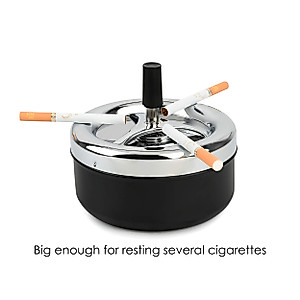 Round Push Down Ashtray with Spinning Tray Metal Cigarette Ash Tray Large 5.2 Inches Home Ashtray for Outside Patio - Black
