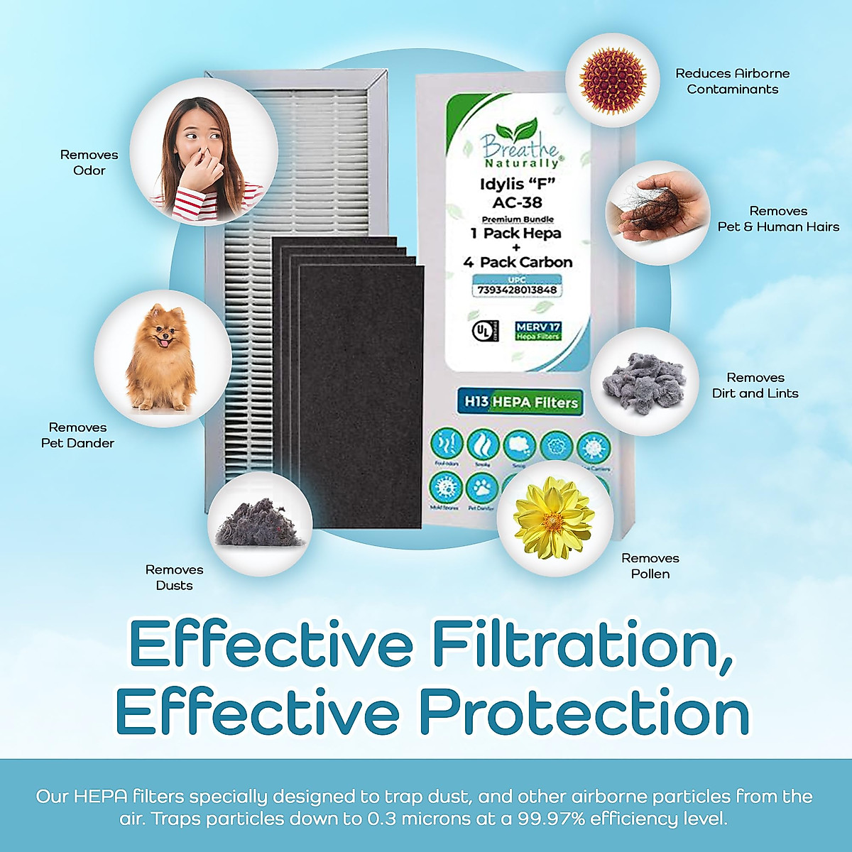 Breathe Naturally - Extra Thick Filters Compatible with Idylis “F” AC-38 Series Air Purifiers - Made for Idylis “F” AC-38/560885 Series(1 Pack Replacement HEPA Filter, 4 Pack Carbon Filters)