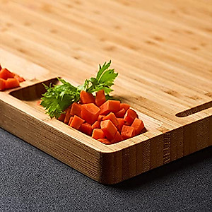 Large Bamboo Wood Cutting Board for Kitchen, Cheese Charcuterie Board with 3 Built-in Compartments and Juice Grooves, Butcher Block (17x12.6")
