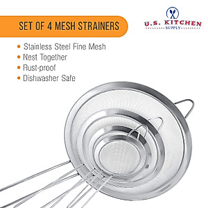 U.S. Kitchen Supply - Set of 4 Premium Quality Fine Mesh Stainless Steel Strainers - 3", 4", 5.5" and 8" Sizes - Sift, Strain, Drain and Rinse Vegetables, Pastas & Tea