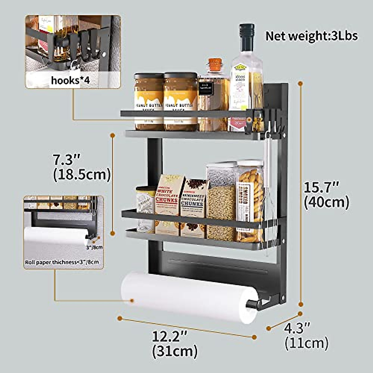 PINNIYOU Magnetic Spice Rack with Paper Towel Holder for Mother's Day Gifts, Magnetic Shelf with 4 Hooks for Refrigerator, 3 Tier Magnetic Fridge Organizer for Kitchen Storage Spices, Pepper, Black