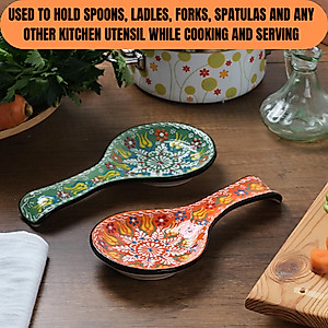 BCS Spoon Rest Set of 2 - Ceramic Spoon Holder for Stovetop & Kitchen Counter - Dishwasher Safe Handmade Kitchen Utensil (Green-Orange 4.5” W x 9" L)