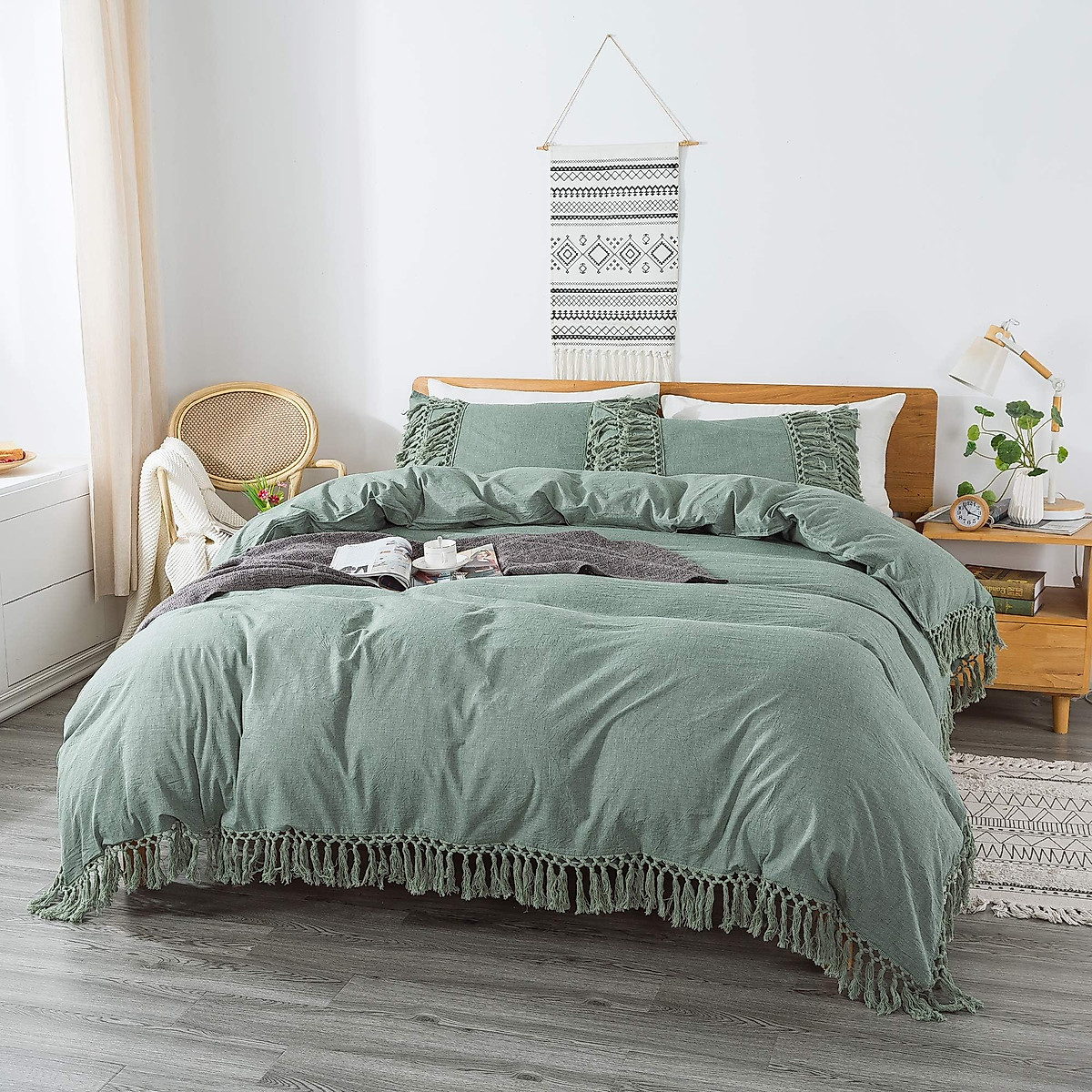 Tassels Style Sage Green Duvet Cover Set King Size (1 Duvet Cover + 2 Pillowcases) 100% Washed Cotton Soft Breathable for All Seasons