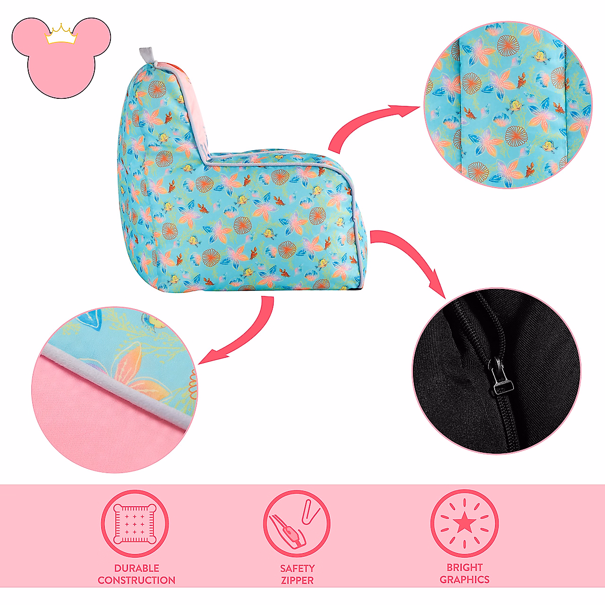 Idea Nuova Disney Little Mermaid Kids and Toddler Canvas Bean Bag Chair with Piping & Top Carry Handle