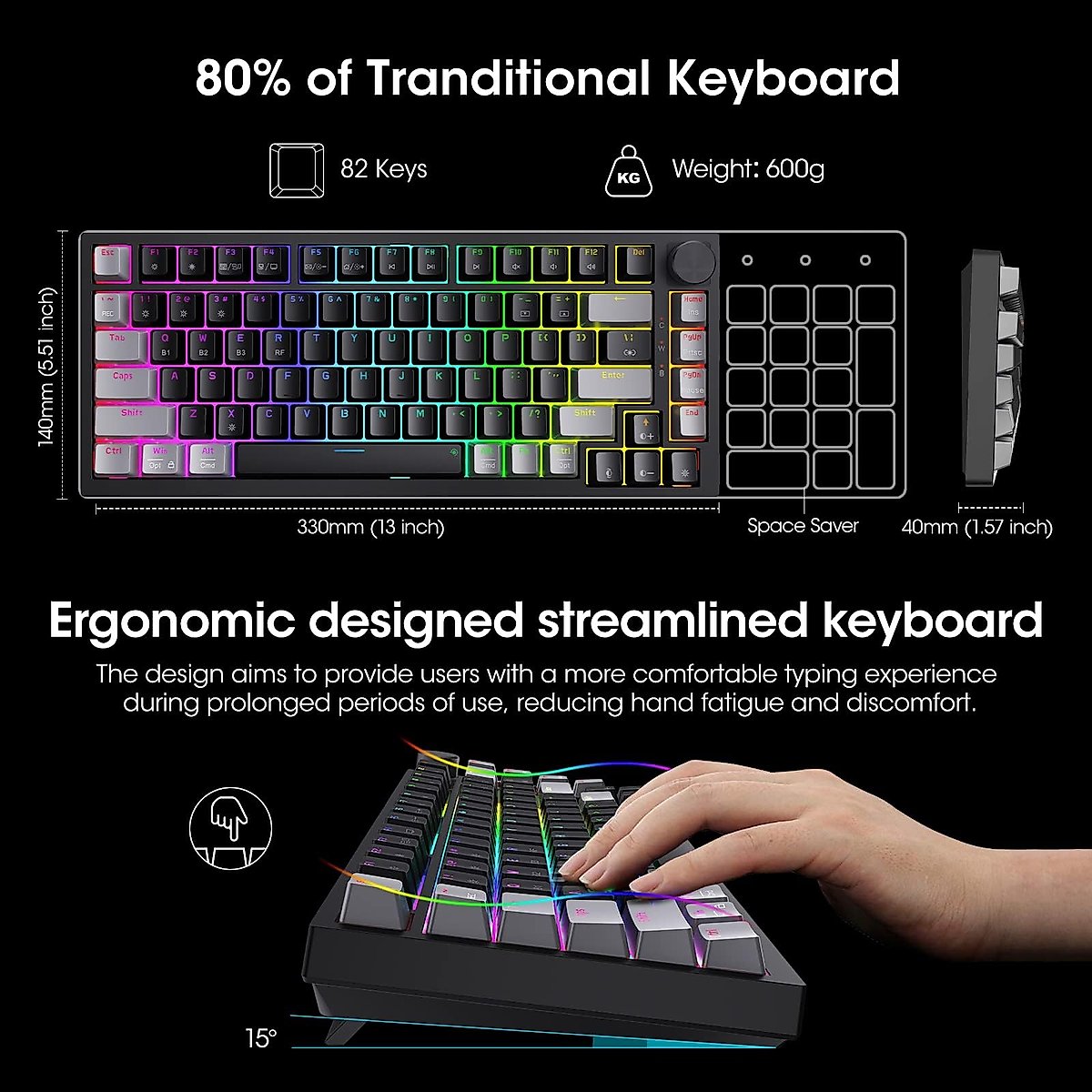 KOORUI 75% Wireless RGB Gaming Keyboard,3 Mode BT/2.4Ghz/USB-C Hot Swappable Mechanical Keyboard,Compact 82 Keys Gaming Keyboard with 4000mAh Battery & Dedicated Knob Control,Linear Red Switch