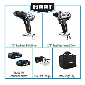 HART 20-Volt Cordless Brushless Drill and Impact Combo Kit with 10" Storage Bag, (2) 2.0Ah Lithium-Ion Batteries, HPCK252B