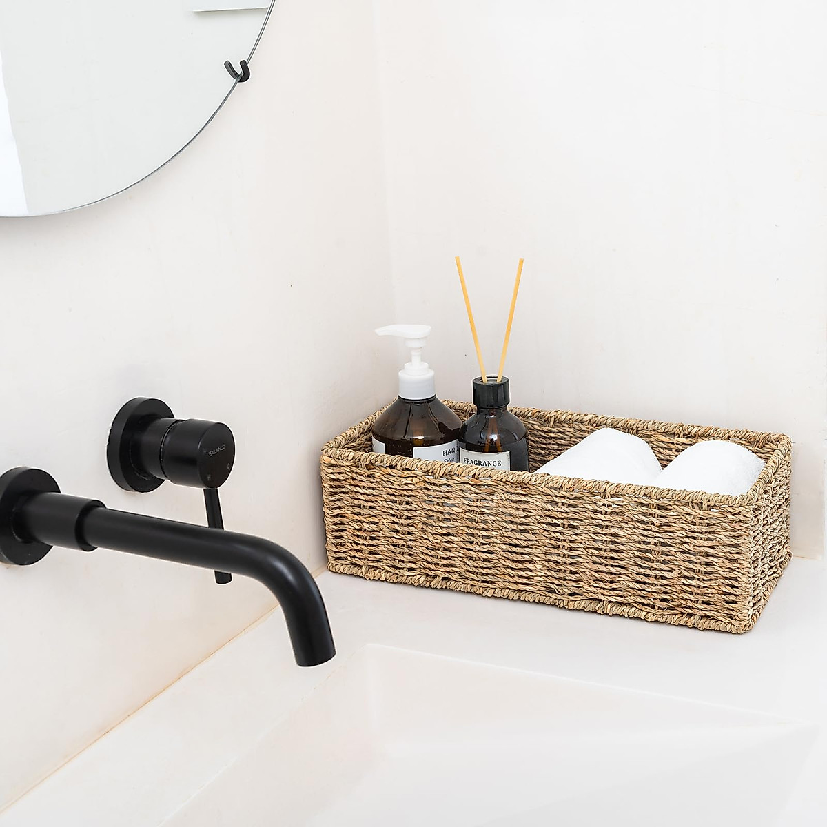 OEHID Small Wicker Baskets 2 Pack, Hand Woven Toilet Basket Tank Topper, Toilet Tank Basket for Bathroom Organizing, Seagrass Storage Baskets for Toilet Paper (14.4"Lx6.1"Wx4.4"H)