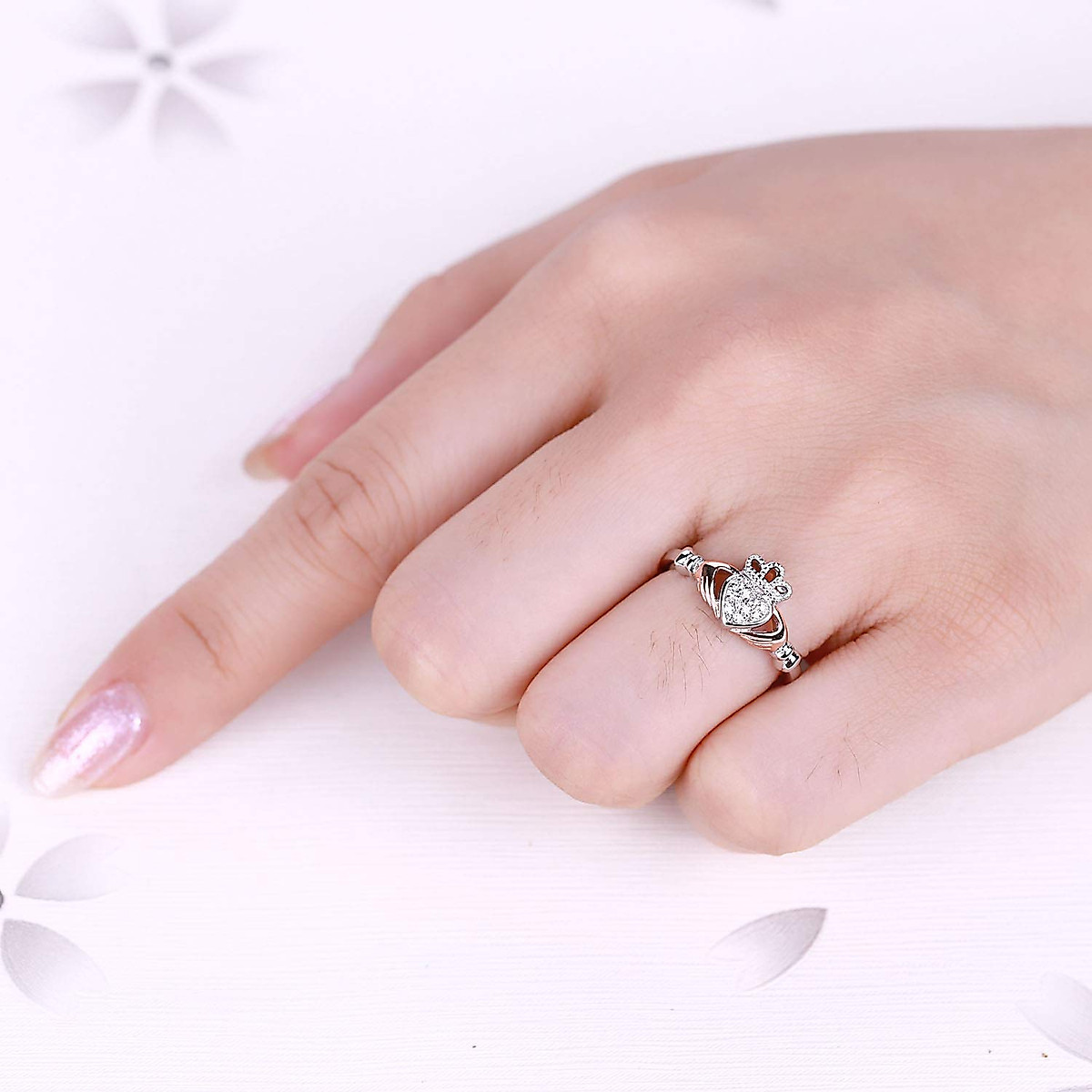 JO WISDOM 925 Sterling Silver Cubic Zirconia Rose Gold Claddagh Heart Promise Ring Size 8