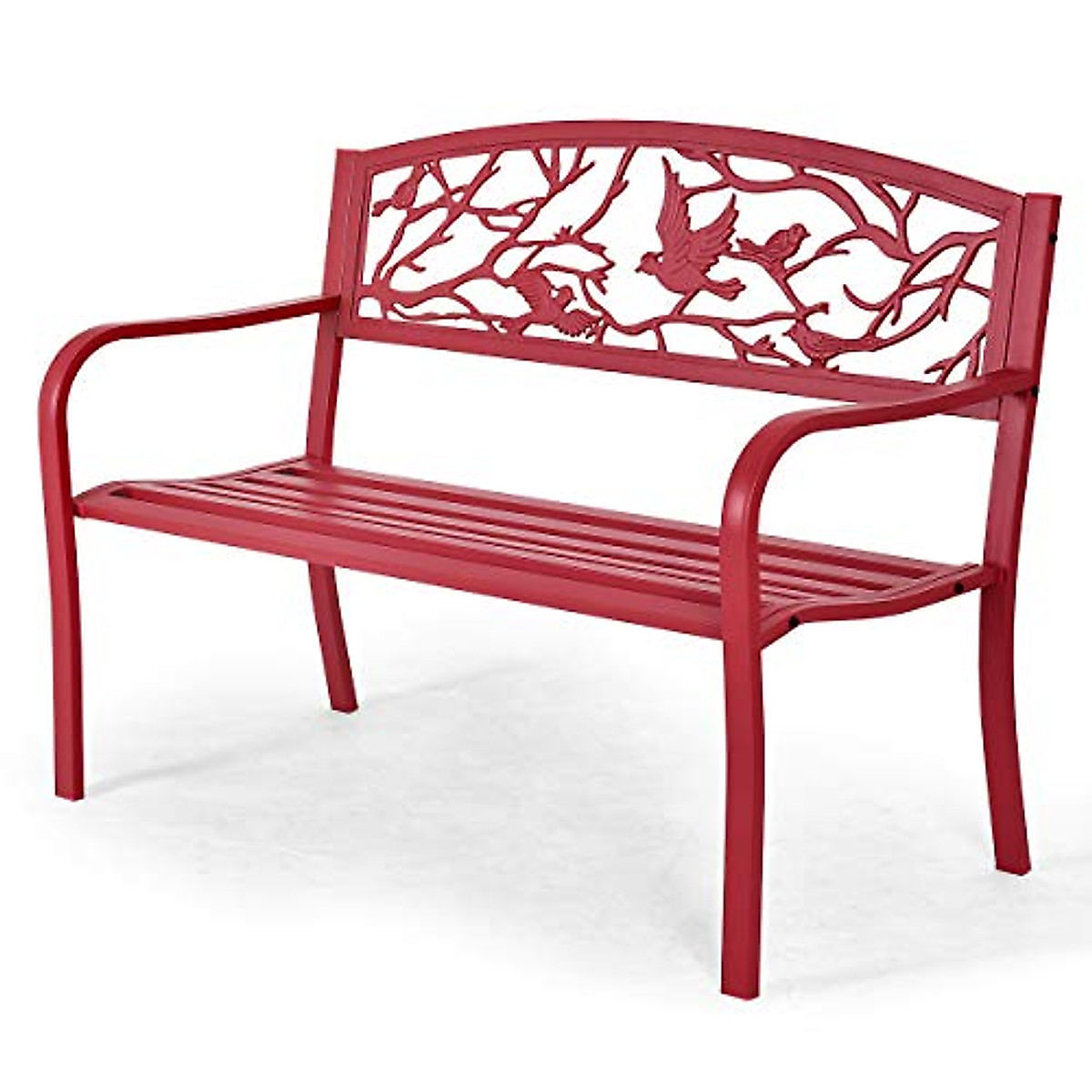 Tangkula Outdoor Garden Bench Park Bench, Patio Red Bird Bench Loveseat W/Backrest & Armrests, Heavy-Duty Steel Frame, Outdoor Furniture Bench Chair for Garden Courtyard Lawn Porch