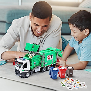 HOLYFUN Garbage Truck Toys Trash Truck with Sound and Light, Friction Powered Truck with 5 Garbage Cans, Push and Go Pull Back Car, for Boys