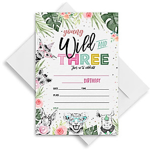 LoaHak Party Animal Birthday Decorations, Young Wild And Three Invitation, Jungle Animals Party Celebration, Woodland Tropical Party Supplies. (034)