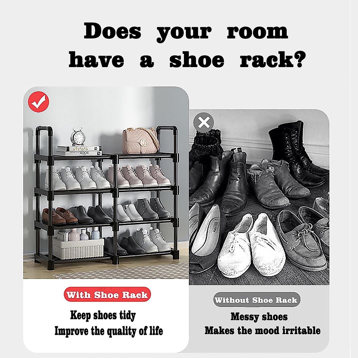 RightTech 4-Tier Shoe Rack, 90CM Long Adjustable & Stackable Metal Shoe Shelf Storage Organizer, Heavy Duty Metal Free Standing Shoe Rack for Entryway Closet Doorway, Black