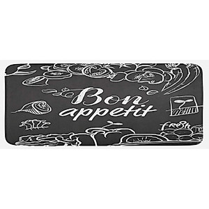 Lunarable Bon Appetit Kitchen Mat, Chalk Sketch on Dark Toned Background Hand Drawn Fruits and Vegetables, Plush Decorative Kitchen Mat with Non Slip Backing, 47" X 19", Charcoal Grey