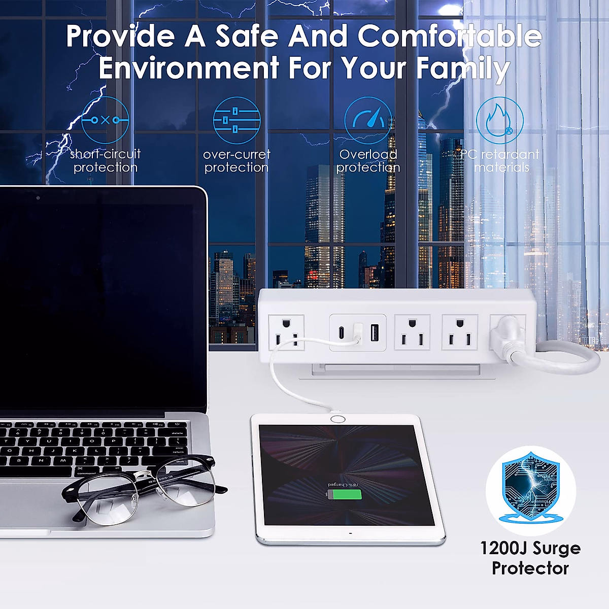 JUNNUJ 20W USB C Under Desk Power Strip, Under Mount Surge Protector ...