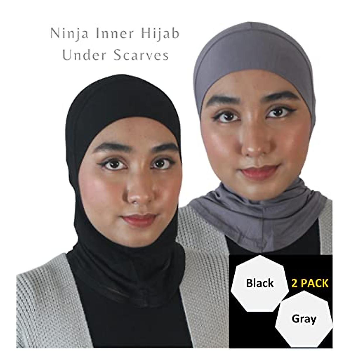 Ninja Bonnet Hijab Full Neck Coverage Under Scarf - Muslimah Stretchy Jersey Head Scarf Bonnet Accessories [Workout wear daily essentials] 1 Black + 1 Gray (SABANJ9501)