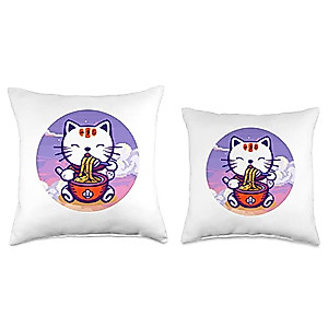 Kawaii Kitty Cat Club Cute Kawaii Ramen Lover Kitty Cat Throw Pillow, 18x18, Multicolor